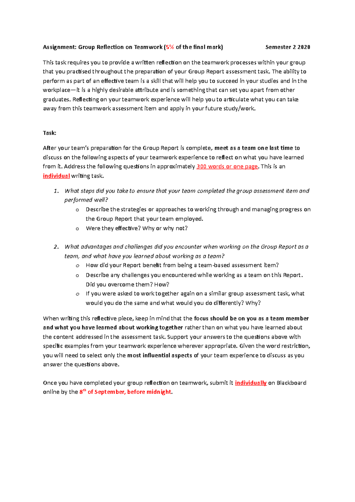 EFB332 Individual Reflection on Teamwork Task 2020 - Assignment: Group ...