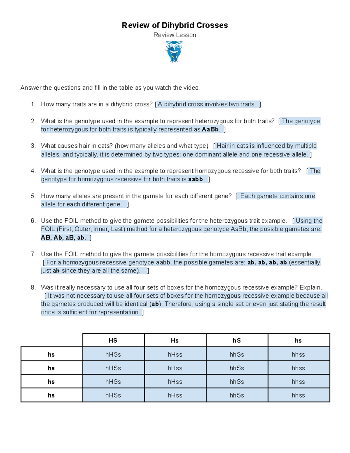 OL Review Dihybrid Crosses - Review of Dihybrid Crosses Review Lesson ...