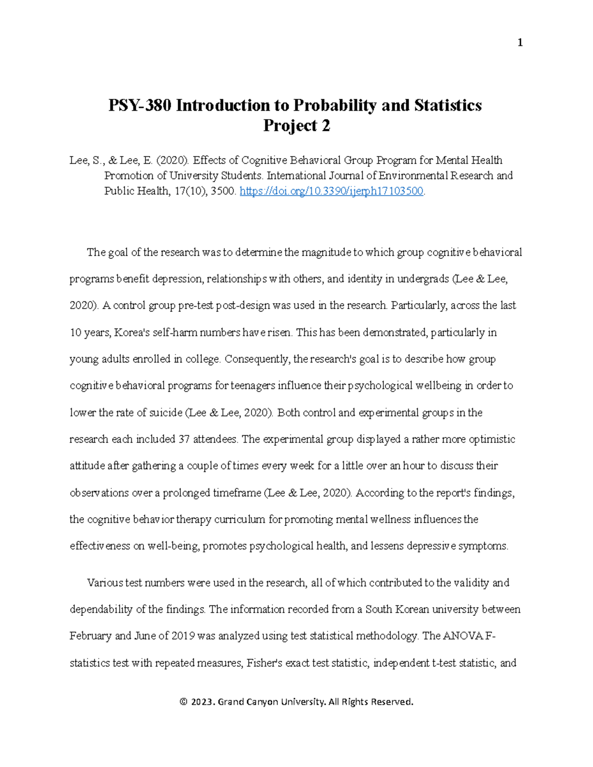 Project 2- Stats - Summer Course! - PSY-380 Introduction to Probability ...