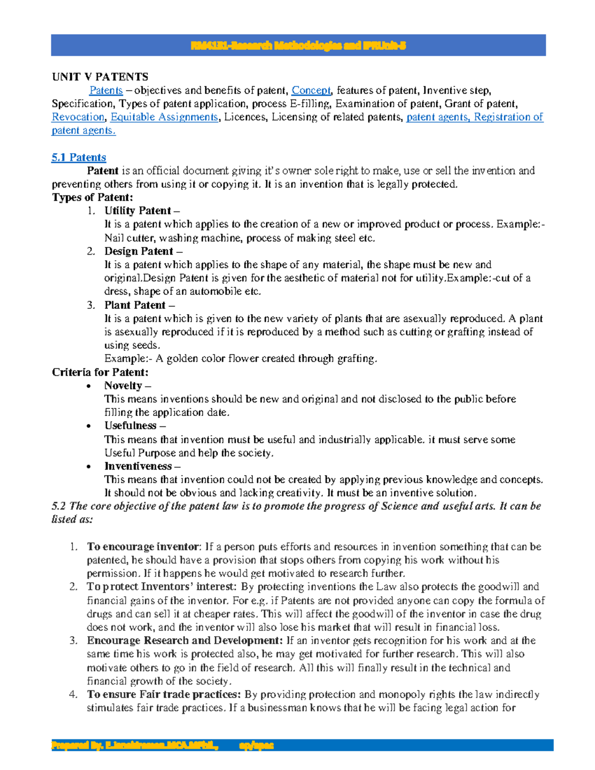 unit-1 material - UNIT V PATENTS Patents – objectives and benefits of ...
