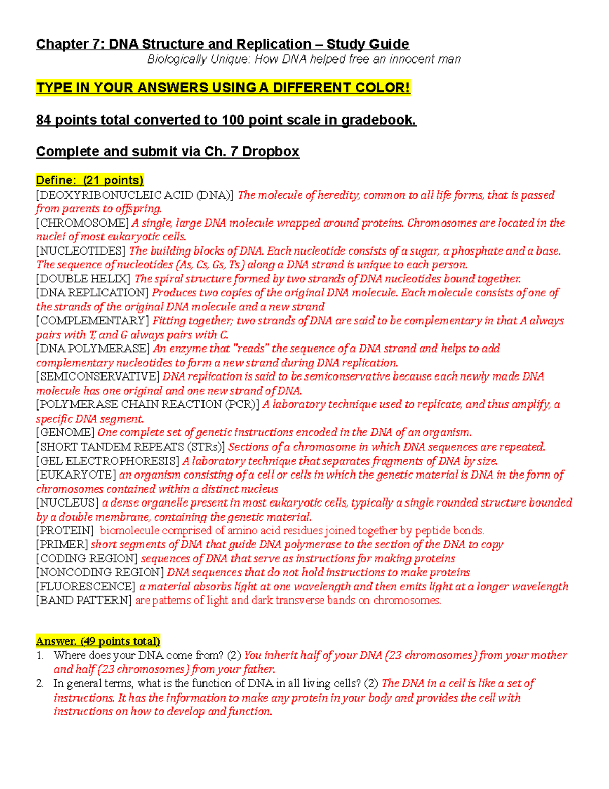 Ch. 7 Study Guide - N/A - Chapter 7: DNA Structure and Replication ...