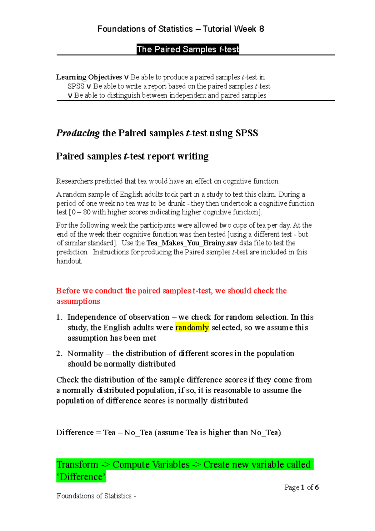 STA10003 Week 8 Tutorial Handout -2 - Foundations of Statistics – Tutorial Week 8 The Paired ...