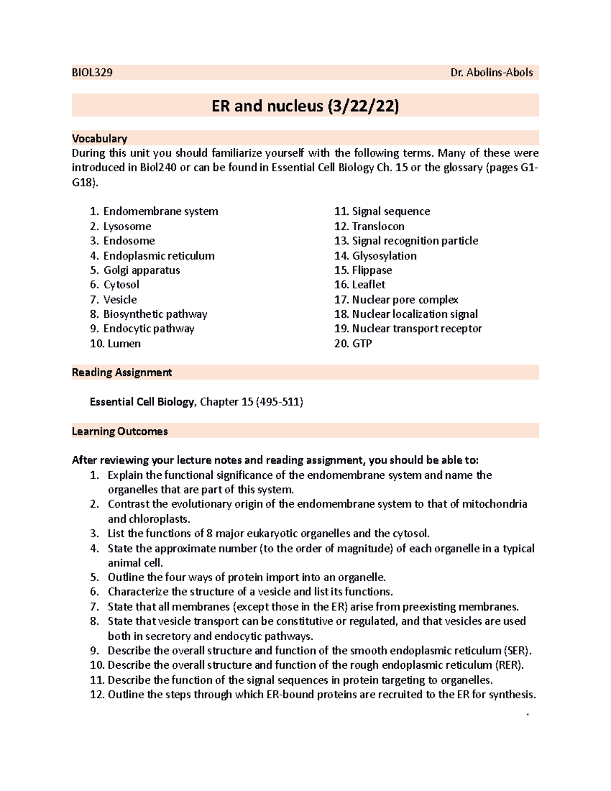 D17 ER and nucleus study guide - BIOL329 Dr. Abolins-Abols ER and ...