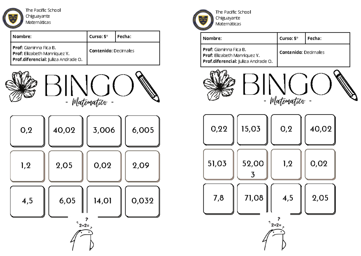 Bingo de decimales - Nombre: Curso: 5° Fecha: Prof: Gianinna Fica B ...