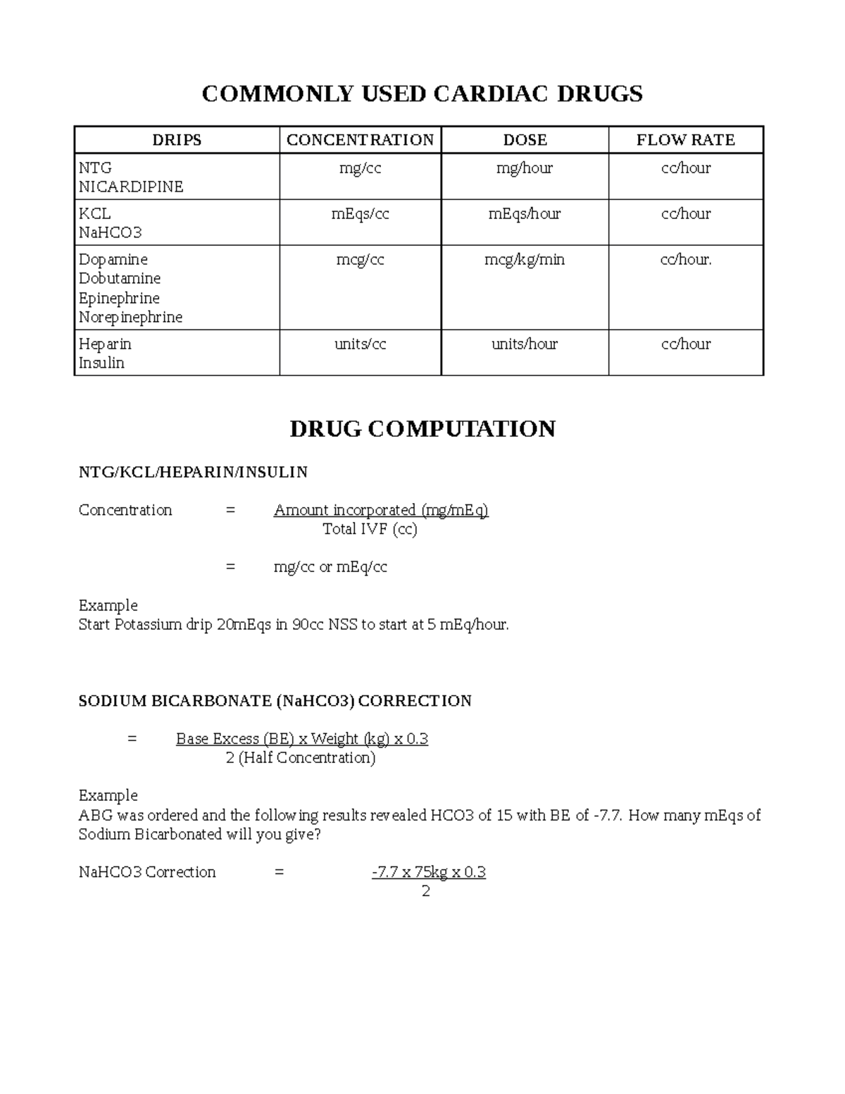 Cardiovascular DRUG Computation copy copy - COMMONLY USED CARDIAC DRUGS ...