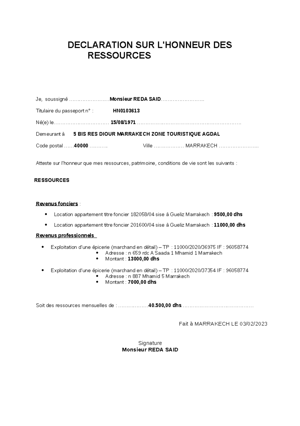 Declaration ressources et charges avec pc - DECLARATION SUR L'HONNEUR ...