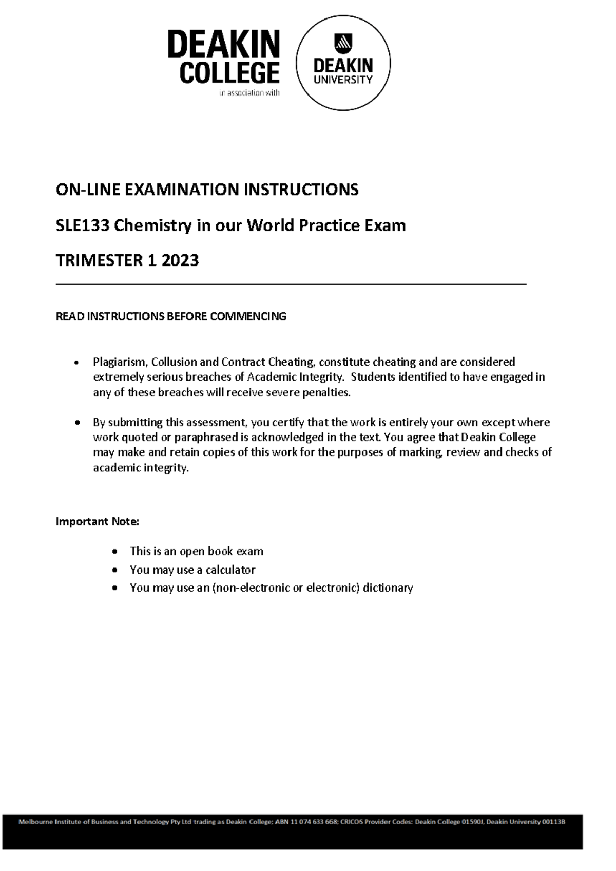 Practice Exam docs - ON-LINE EXAMINATION INSTRUCTIONS SLE133 Chemistry ...