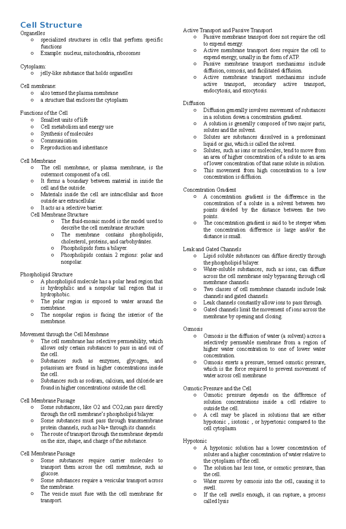 Chapter 03 Notes - Cell Structure Organelles o specialized structures ...