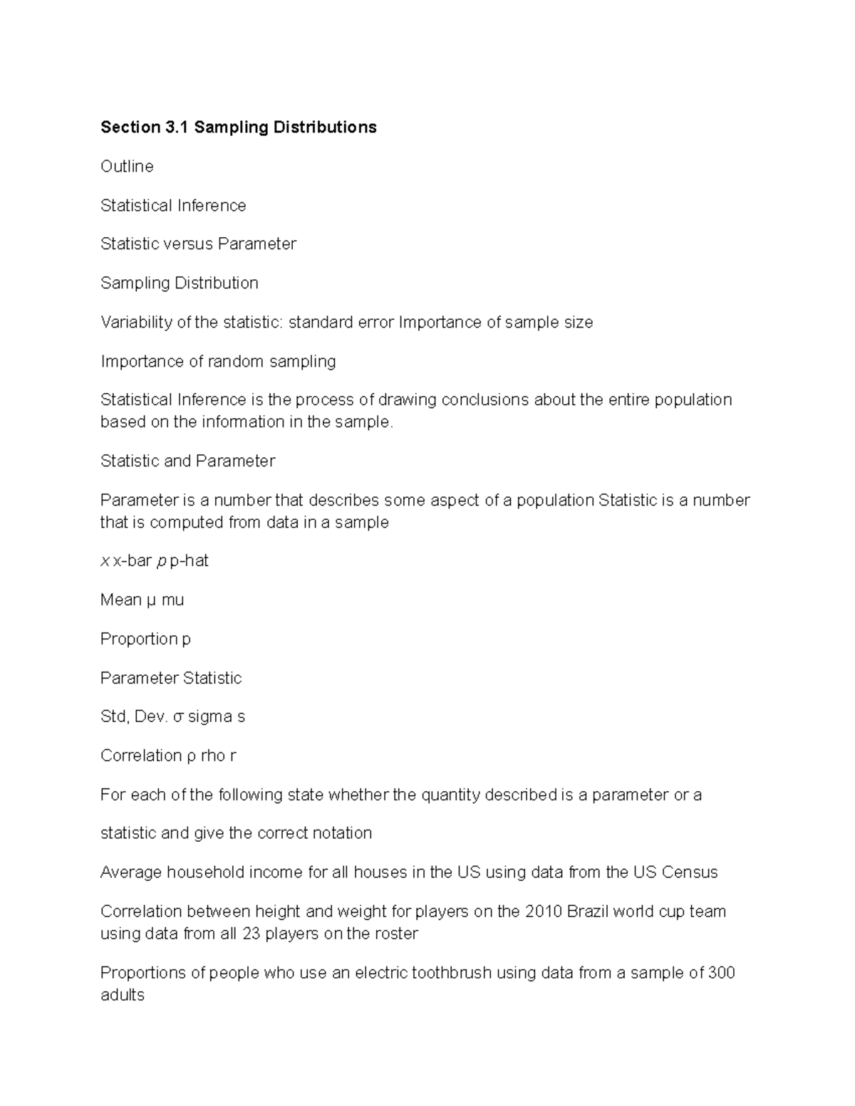 Section 3.1 Sampling Distributions - Section 3 Sampling Distributions Outline Statistical ...