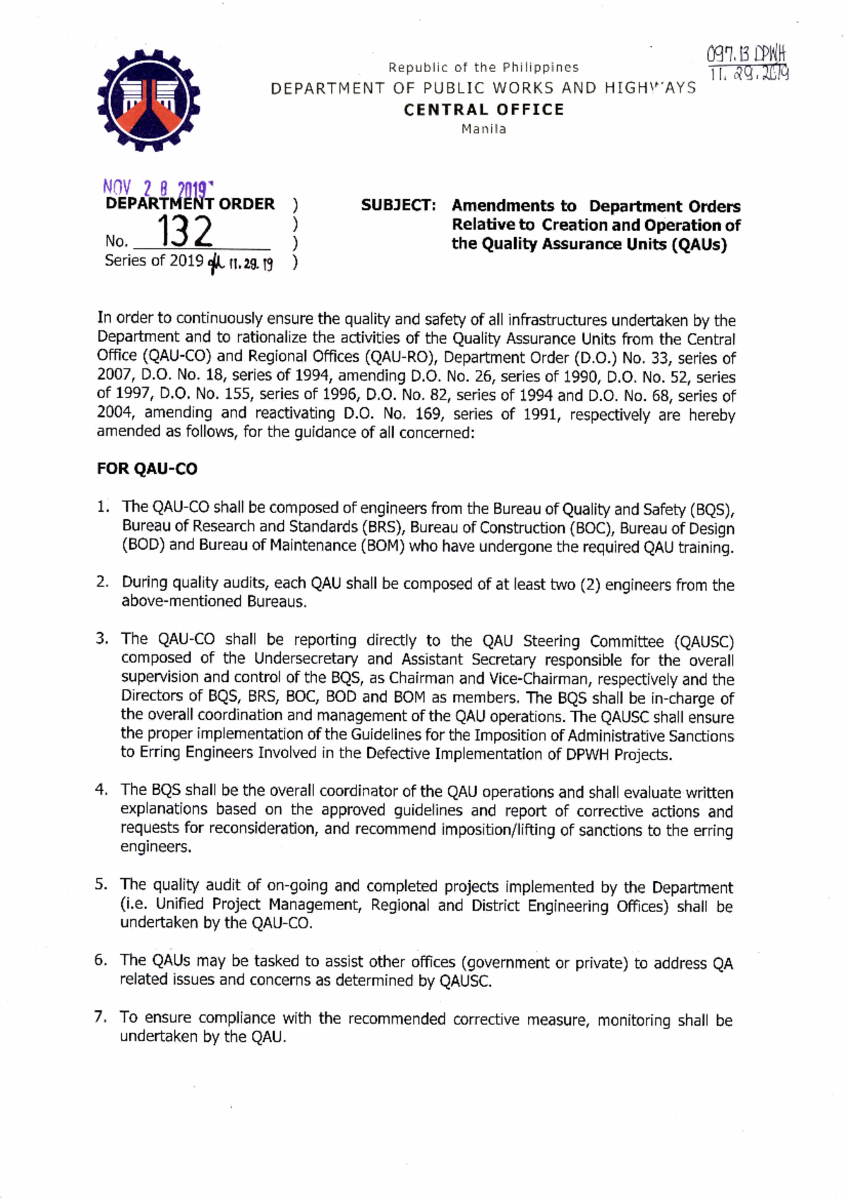 DO 132 S2019 - Republic of the Philippines DEPARTMENT OF PUBLIC WORKS ...