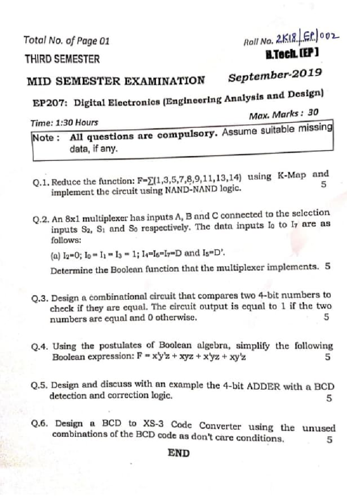 541998474646 ae9a416b6ac4f91bc82b97c53ae2DE mid sem 2019 - Total No. of Page 01 THIRD SEMESTER ...
