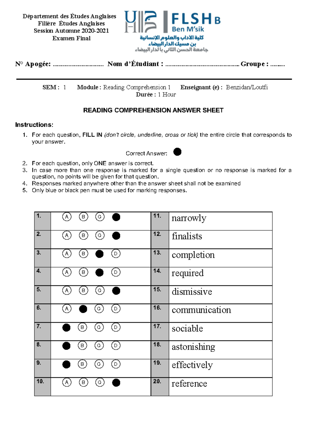 Answer Key- Reading Comprehension Answer Sheet - N° Apogée