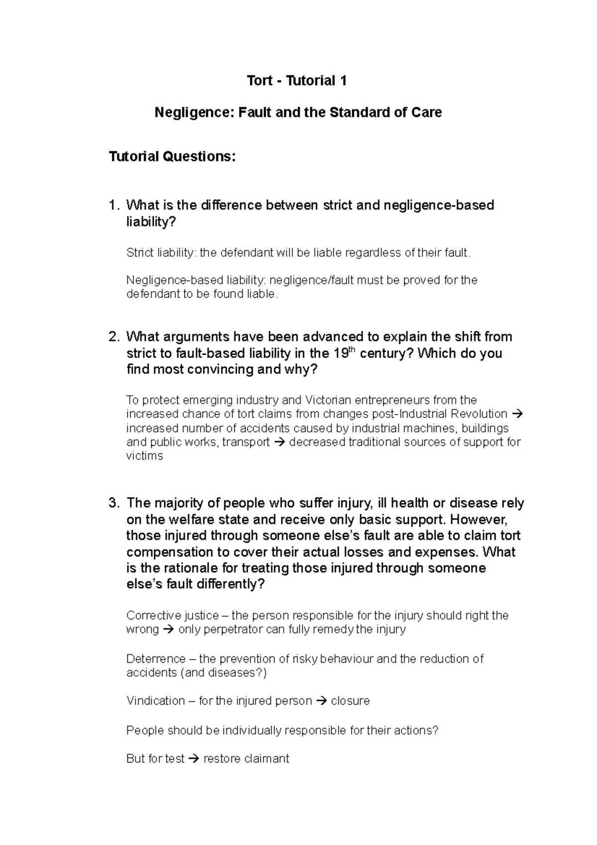 Tutorial 1 - Negligence- Fault and the Standard of Care - Tort ...