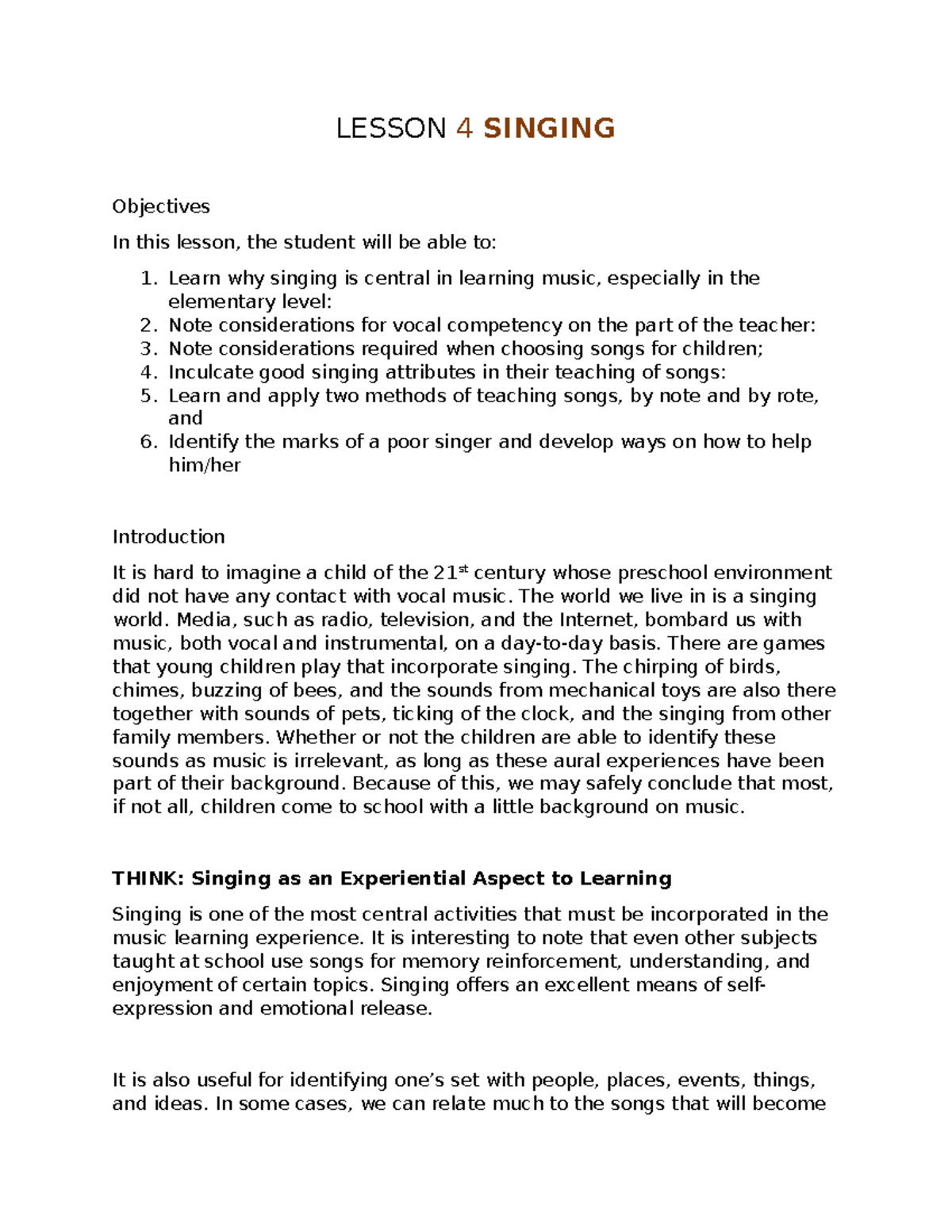 Lesson 4 Singing - LESSON 4 SINGING Objectives In this lesson, the ...