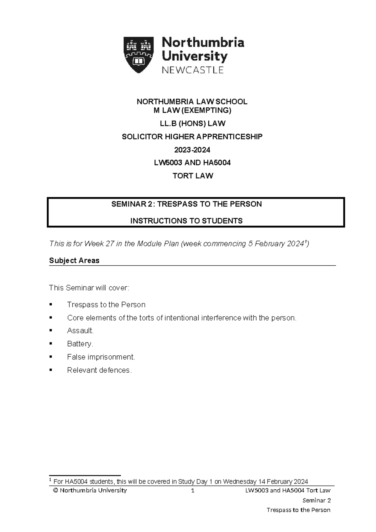 TORT Seminar 2 - Questions and answers - NORTHUMBRIA LAW SCHOOL M LAW ...