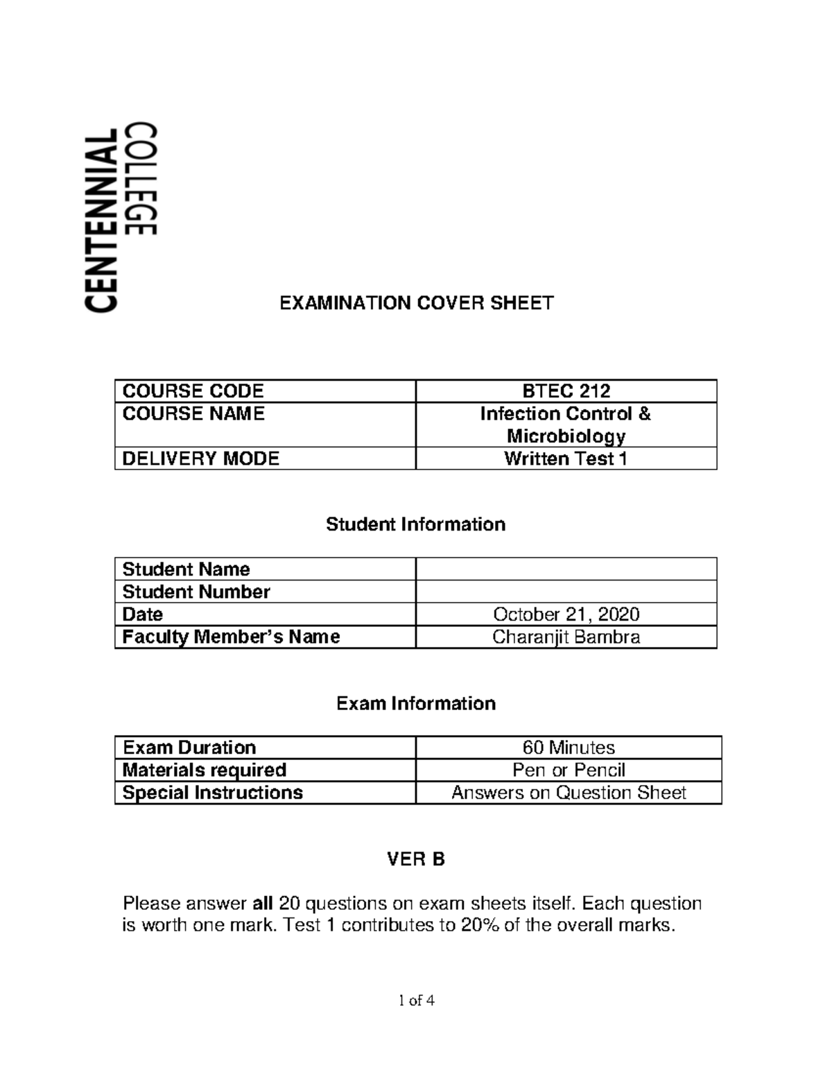 microbilogy and infection - EXAMINATION COVER SHEET COURSE CODE BTEC 2 ...