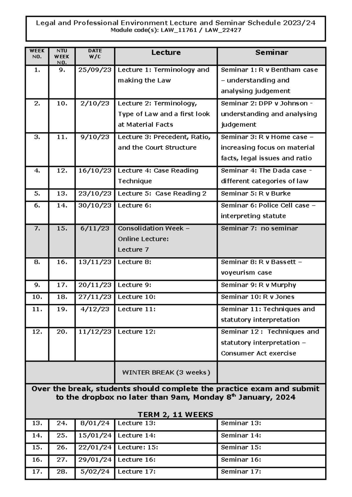 Legal and prof schedule - WEEK NO. NTU WEEK NO. DATE W/C Lecture ...