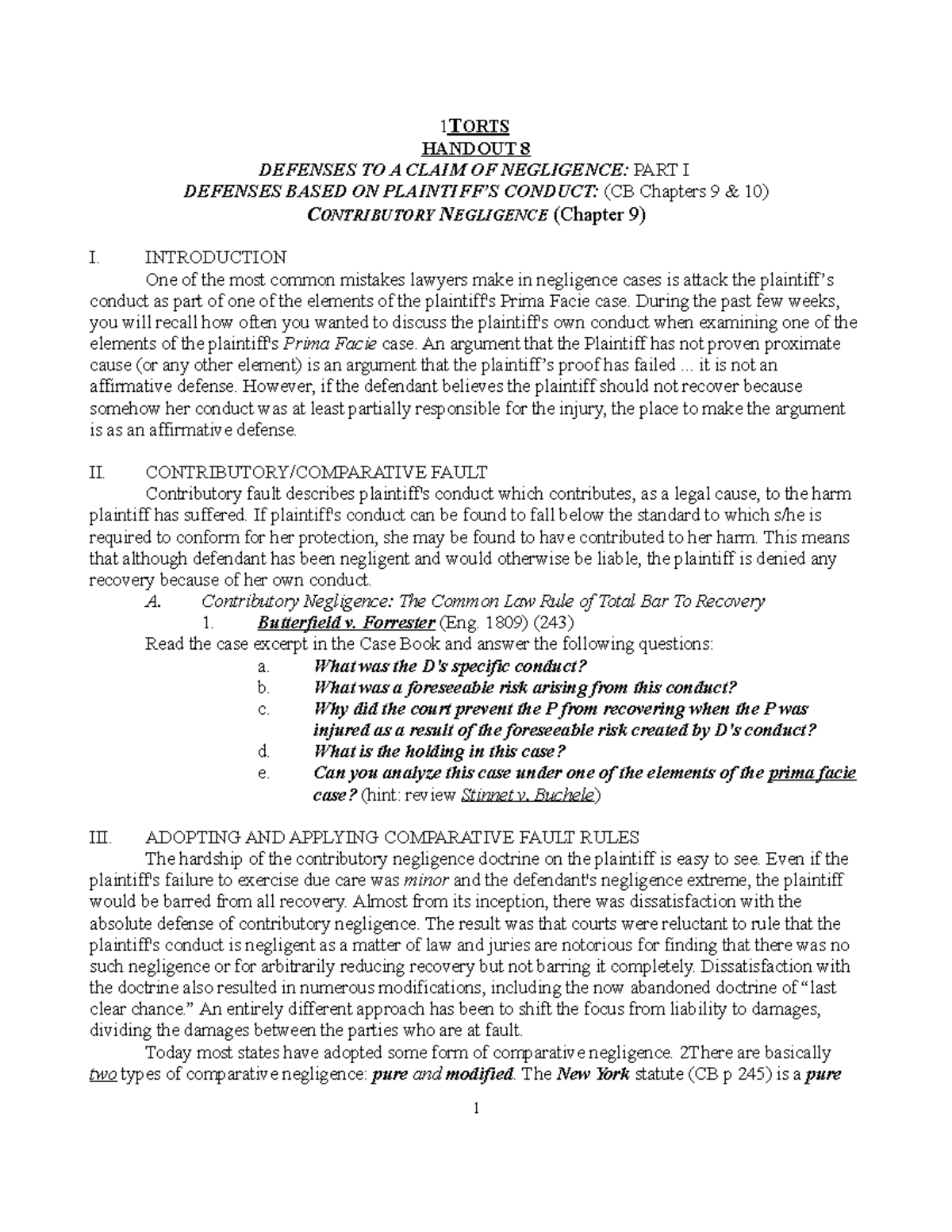 Handout 8 FALL 2022 WORD Linked - 1 TORTS HANDOUT 8 DEFENSES TO A CLAIM ...