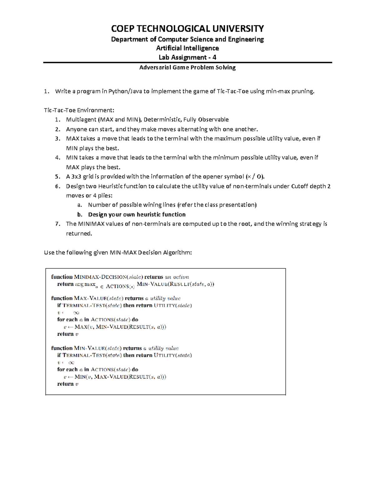 LAB Assignment - 4 GAME - COEP TECHNOLOGICAL UNIVERSITY Department of ...