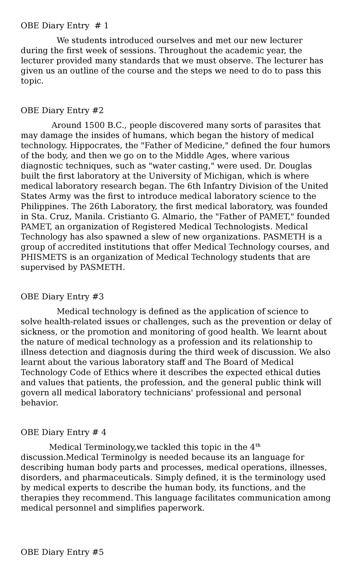 Geronimo, Joshua MSLP OBE Diary Week 1 - 5 - Medical Technology - OLFU ...