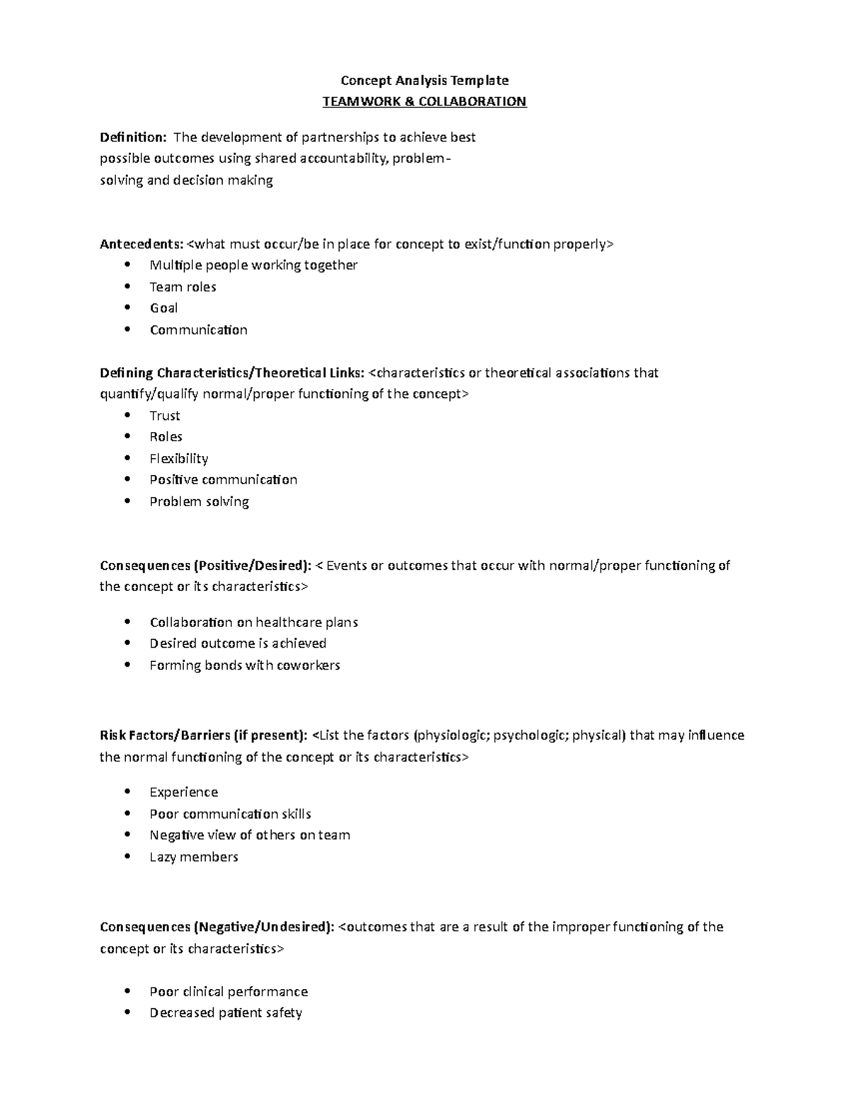 Teamwork Concept Analysis - Concept Analysis Template TEAMWORK ...