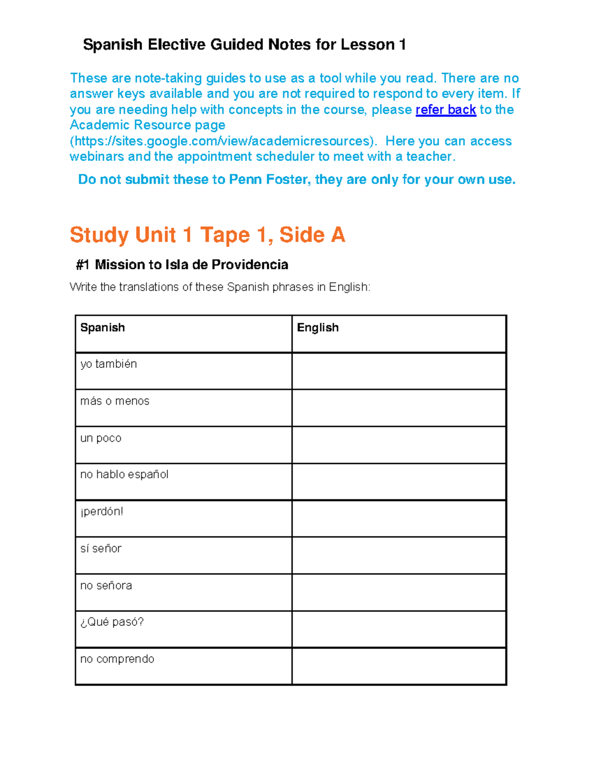 High School Spanish B 2C guided notes Lesson 01 - These are note-taking ...