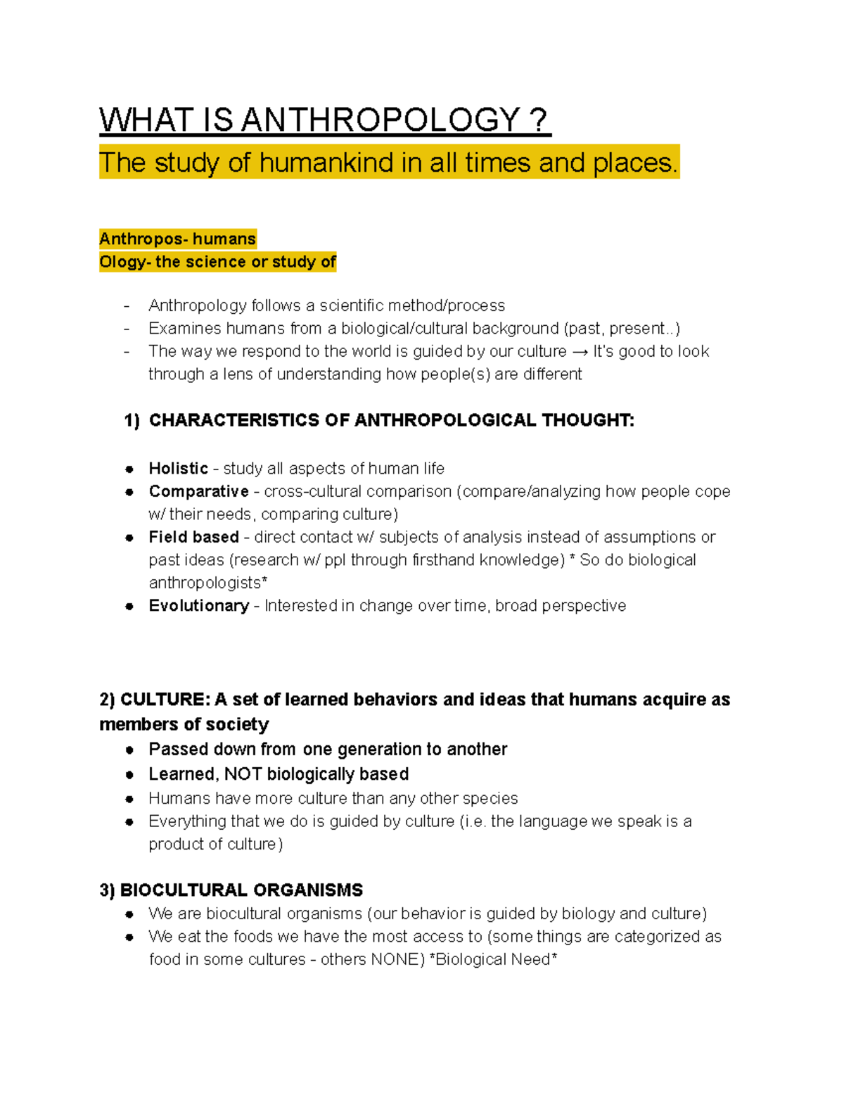 Week 1 Introduction Notes - WHAT IS ANTHROPOLOGY? The study of ...
