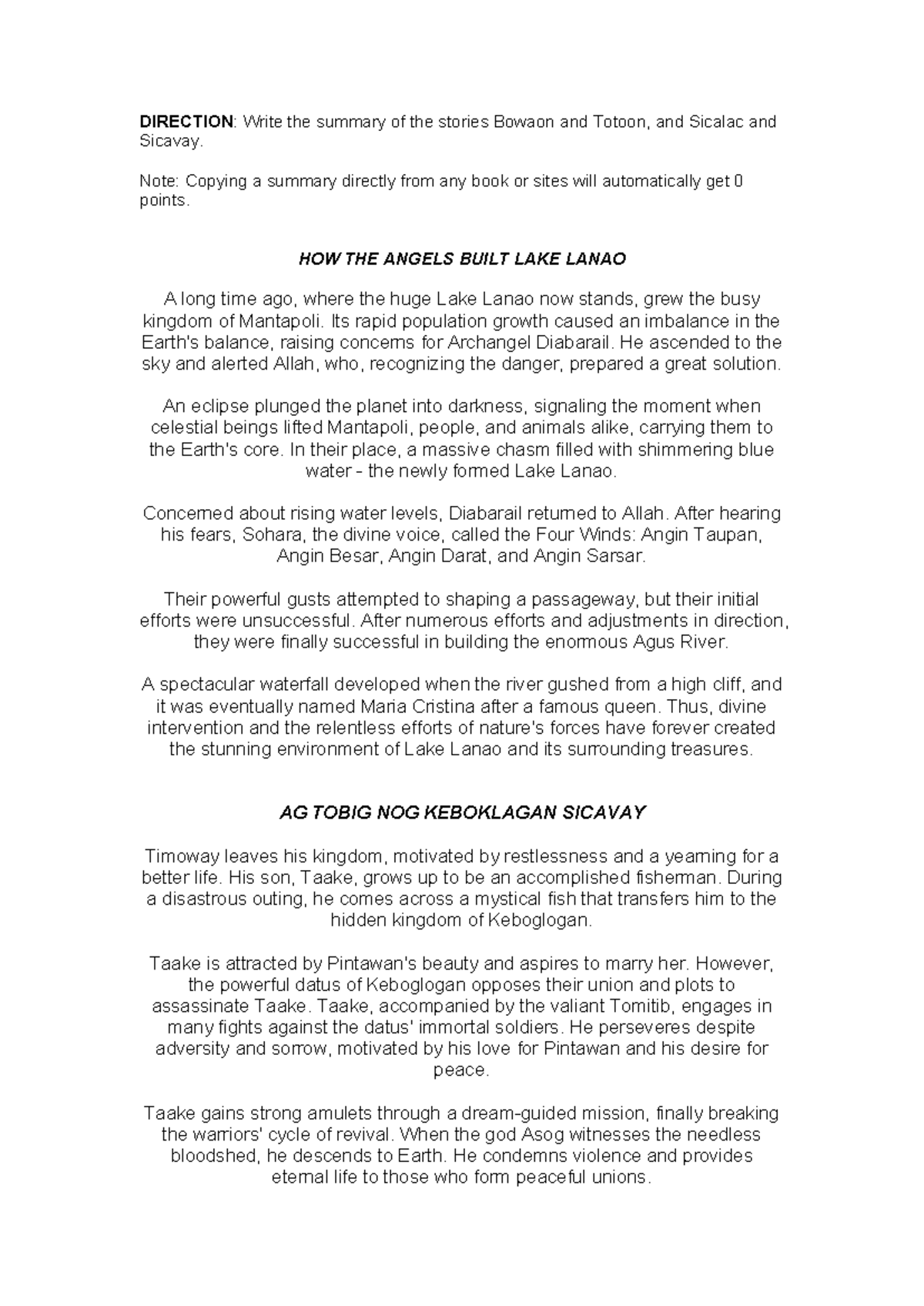 Ollite 001 ACT 7 - Summary Accountancy - DIRECTION: Write the summary of the stories Bowaon and ...