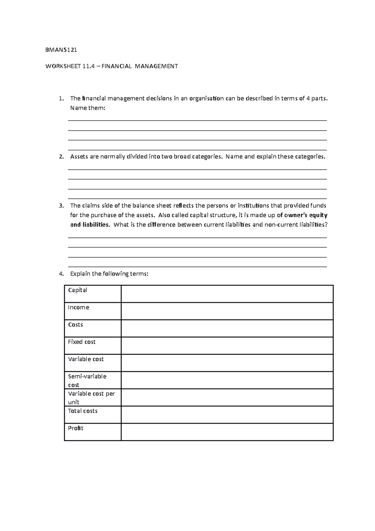 BMAN5121 Worksheet 11 - practice material to help study - BMAN ...