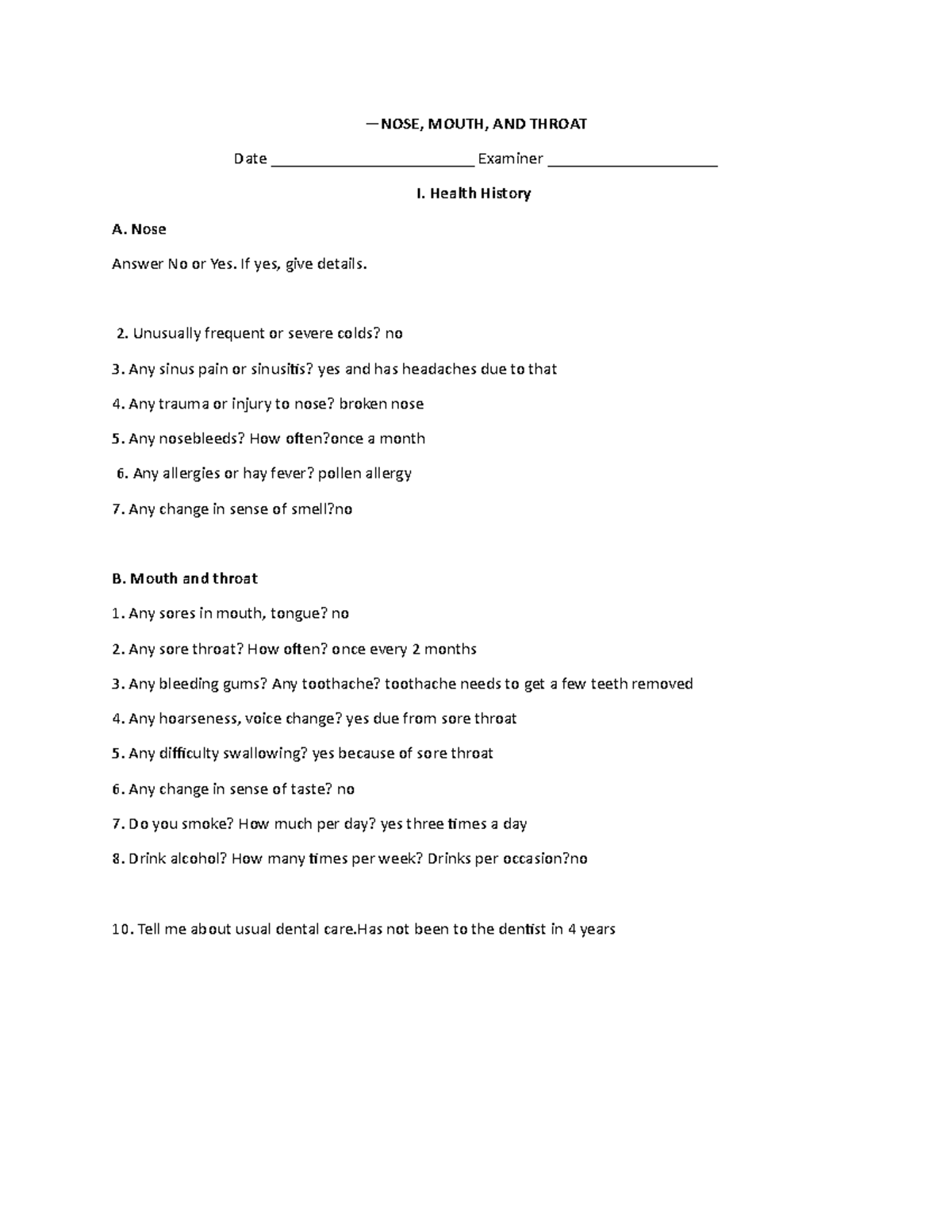 Nose Mouth Throat - easy a - —NOSE, MOUTH, AND THROAT Date ...