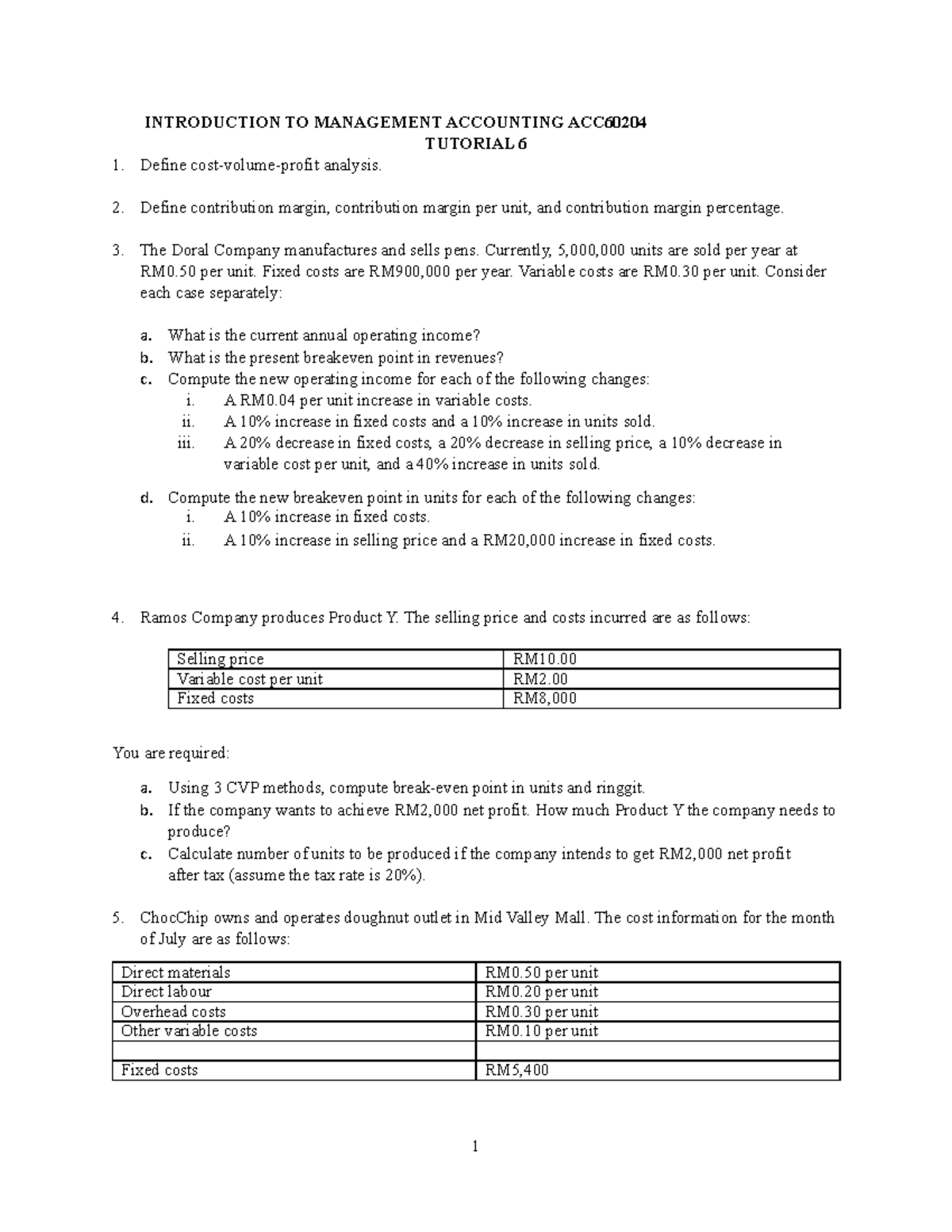 Introduction to management accounting tutorial work week 6 - 1 ...