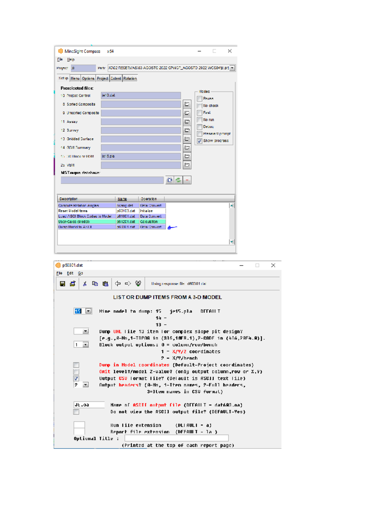 Exportar CSV DE Minesight - MineSight Compass x64 X File Help Project: je Path: AGOSTO 2022 2022 ...