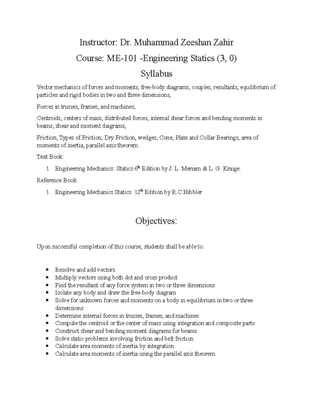 Course Outline Me 203 Instructor Dr Muhammad Zeeshan Zahir Course Me 101 Engineering