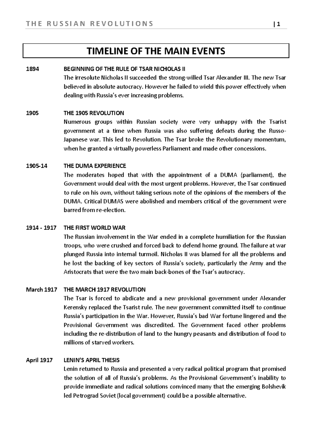 Russian Revolutions - TIMELINE OF THE MAIN EVENTS 1894 BEGINNING OF THE ...