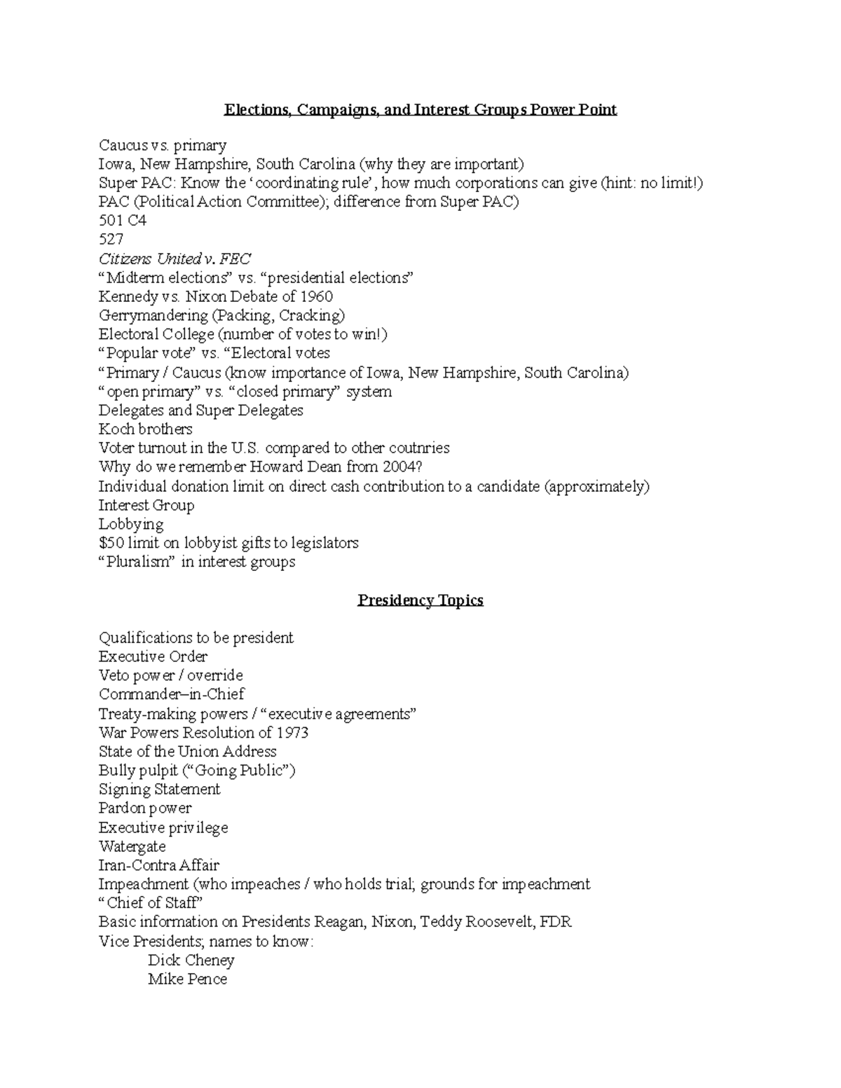 Political Science 101 Final Exam Review Sheet Spring 2018 - Elections ...