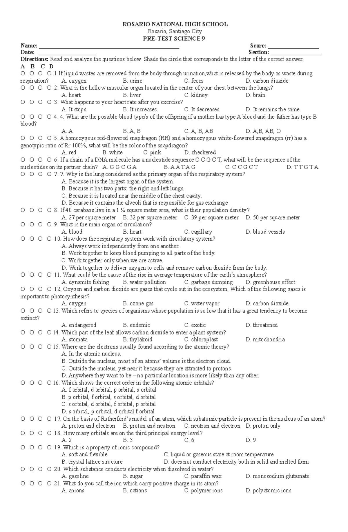 Pre-Test in Science 9 (Based on ADM) - ROSARIO NATIONAL HIGH SCHOOL ...