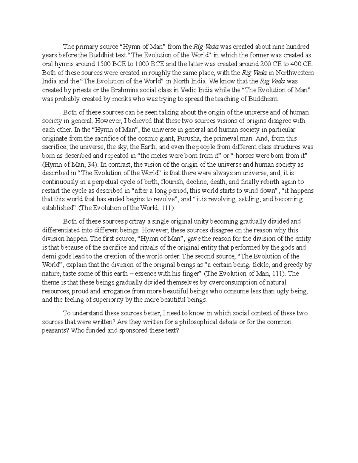 The primary source - Assignment 4 - The primary source “Hymn of Man ...