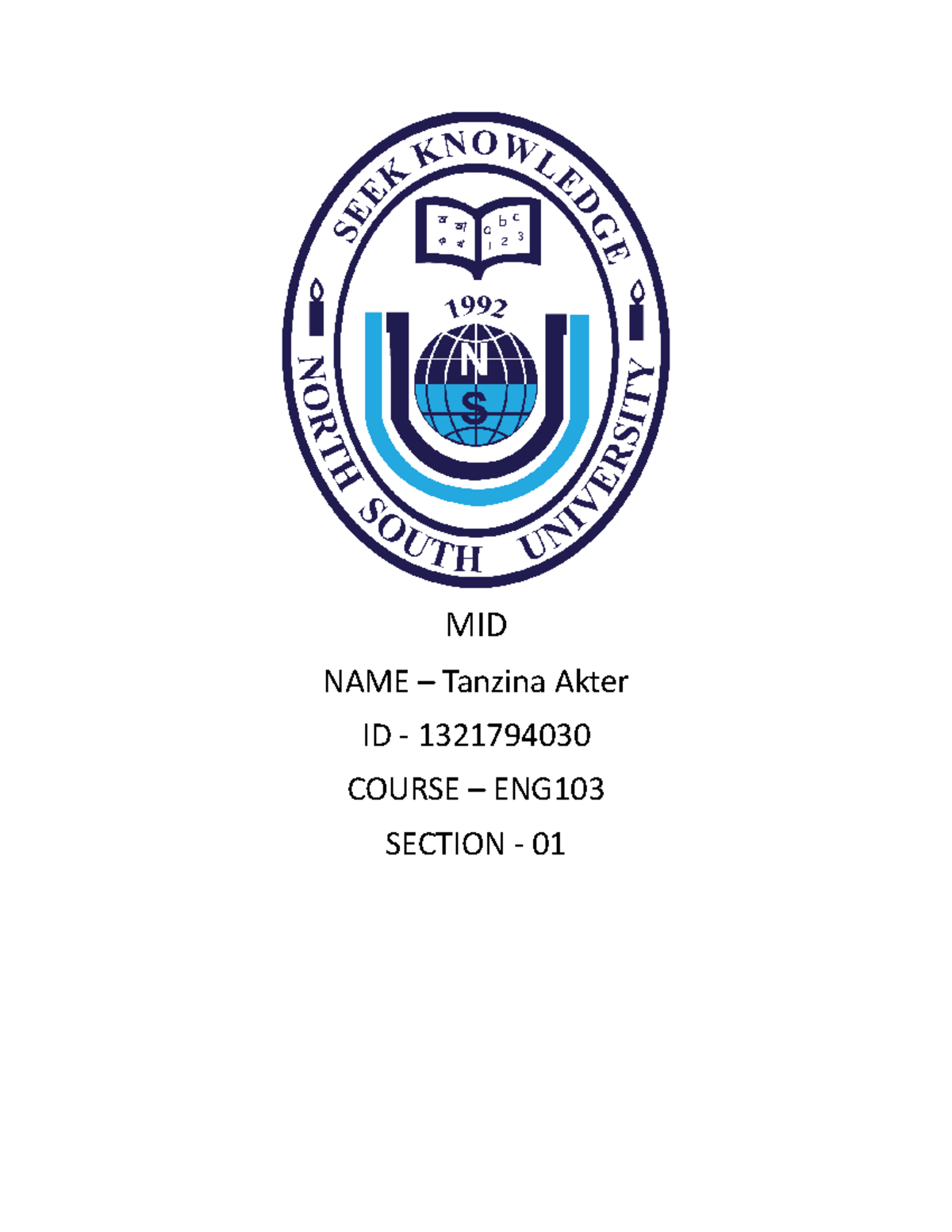 Eng 103 mid - Eng 103 mid 1 - MID NAME – Tanzina Akter ID - 1321794030 ...