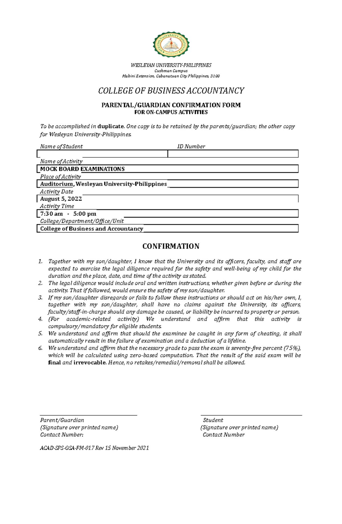 Parental Confirmation Form F2F - WESLEYAN UNIVERSITY-PHILIPPINES ...