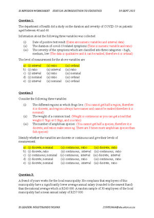 Tutorial 5 - Q and A - Tutorial 5 – Questions and solutions Section A Question 1 In a batch of ...