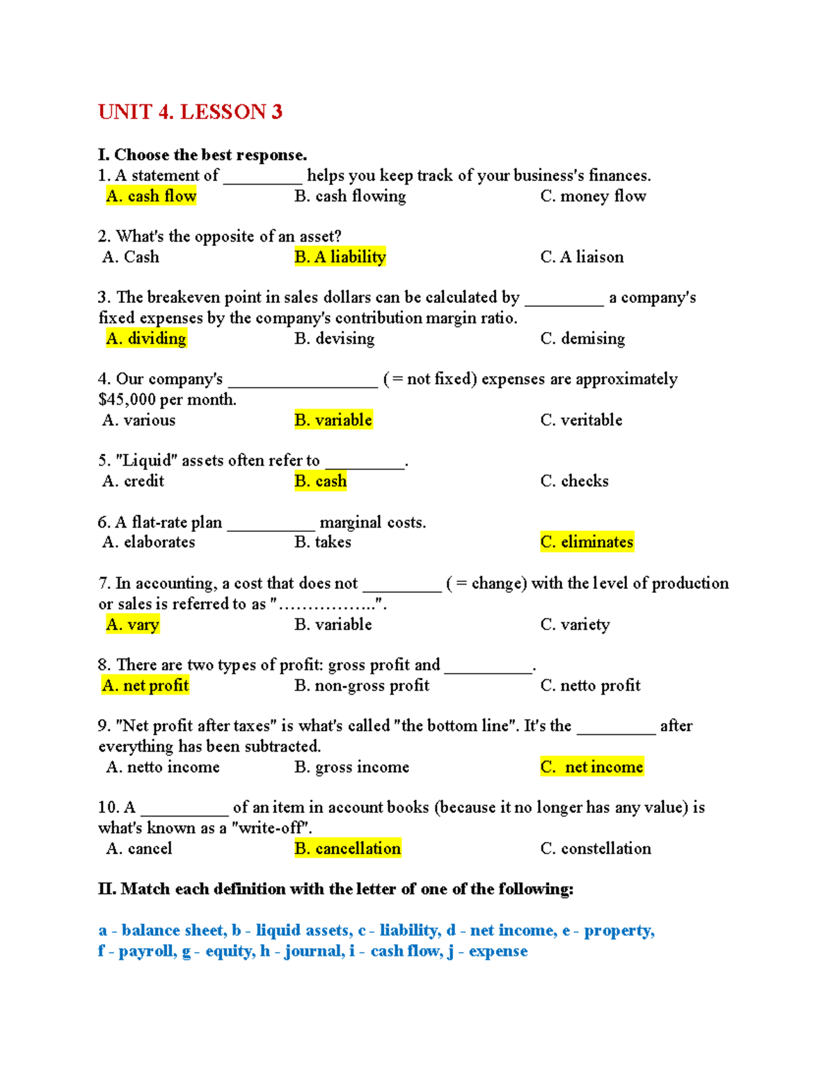 UNIT 4 Lesson 3 Accounting KEY - UNIT 4. LESSON 3 I. Choose the best ...
