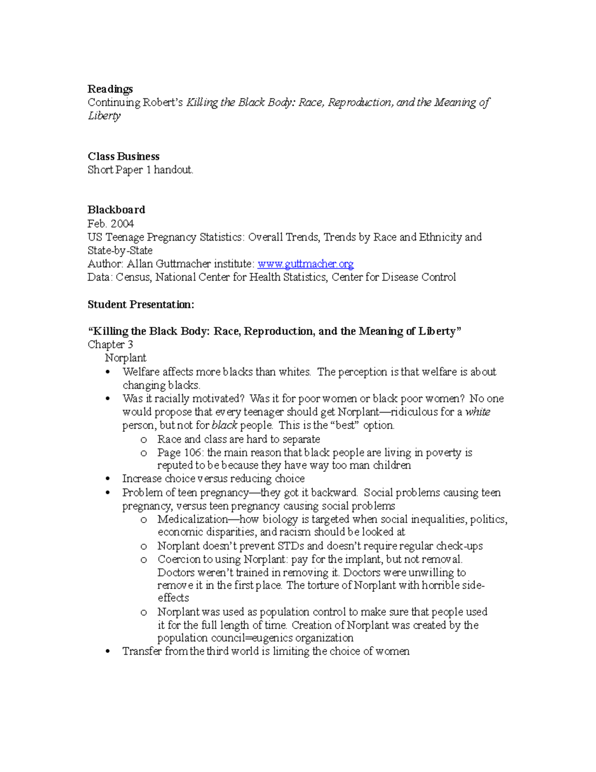 Bioethics Notes 12 - Readings Continuing Robert’s Killing the Black ...