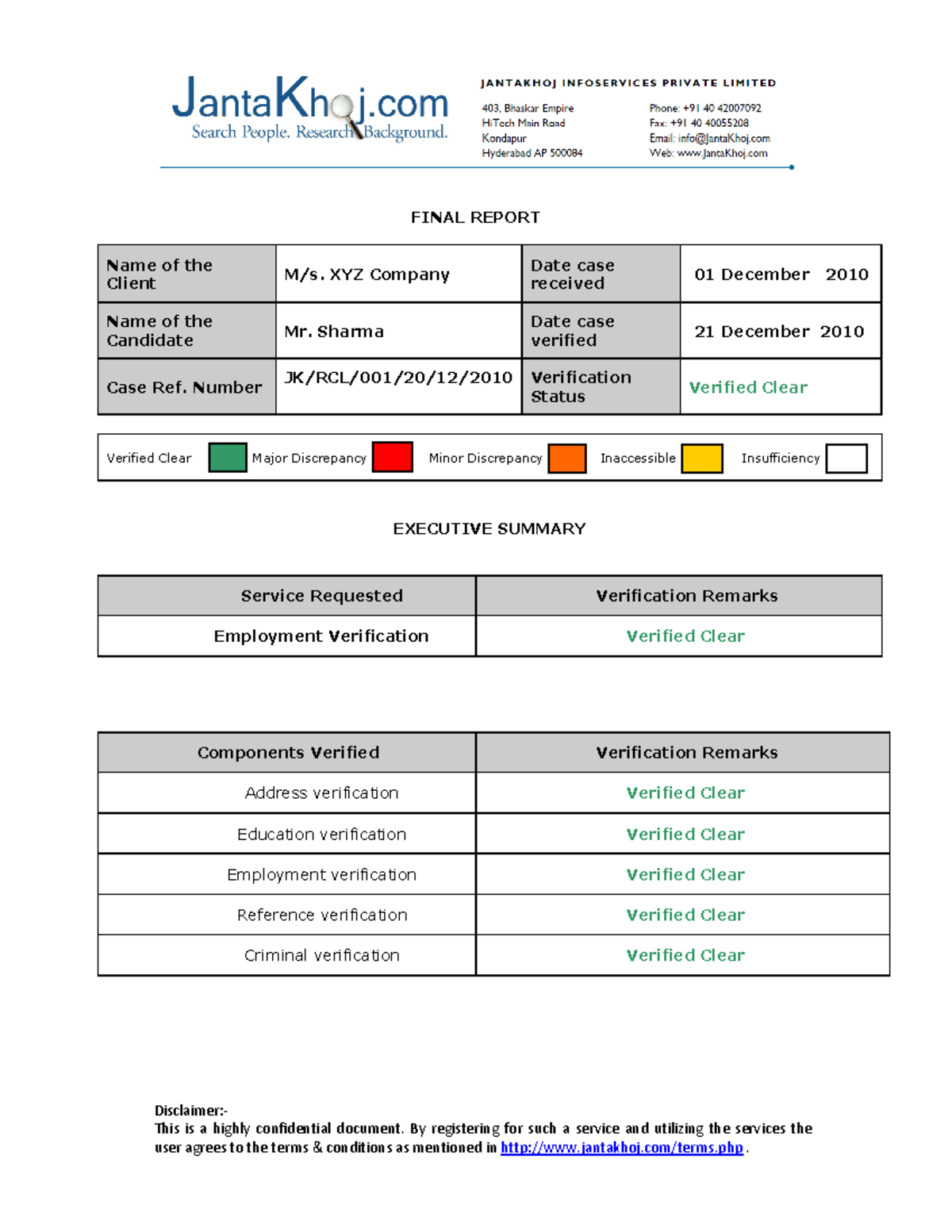 Sample Employee Background Verification Report - Disclaimer:- This is a ...