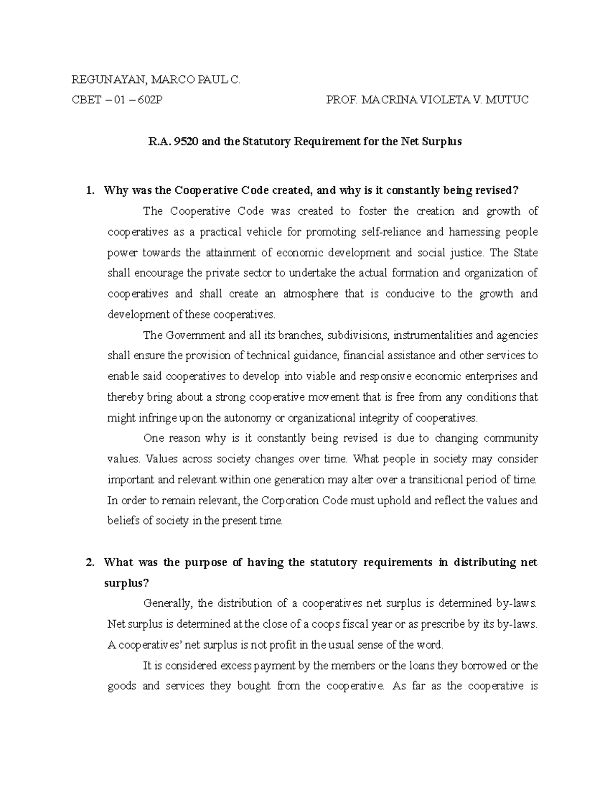 AC16-602P- Regunayan-R.A. 9520 and the Statutory Requirement for the Net Surplus - REGUNAYAN ...