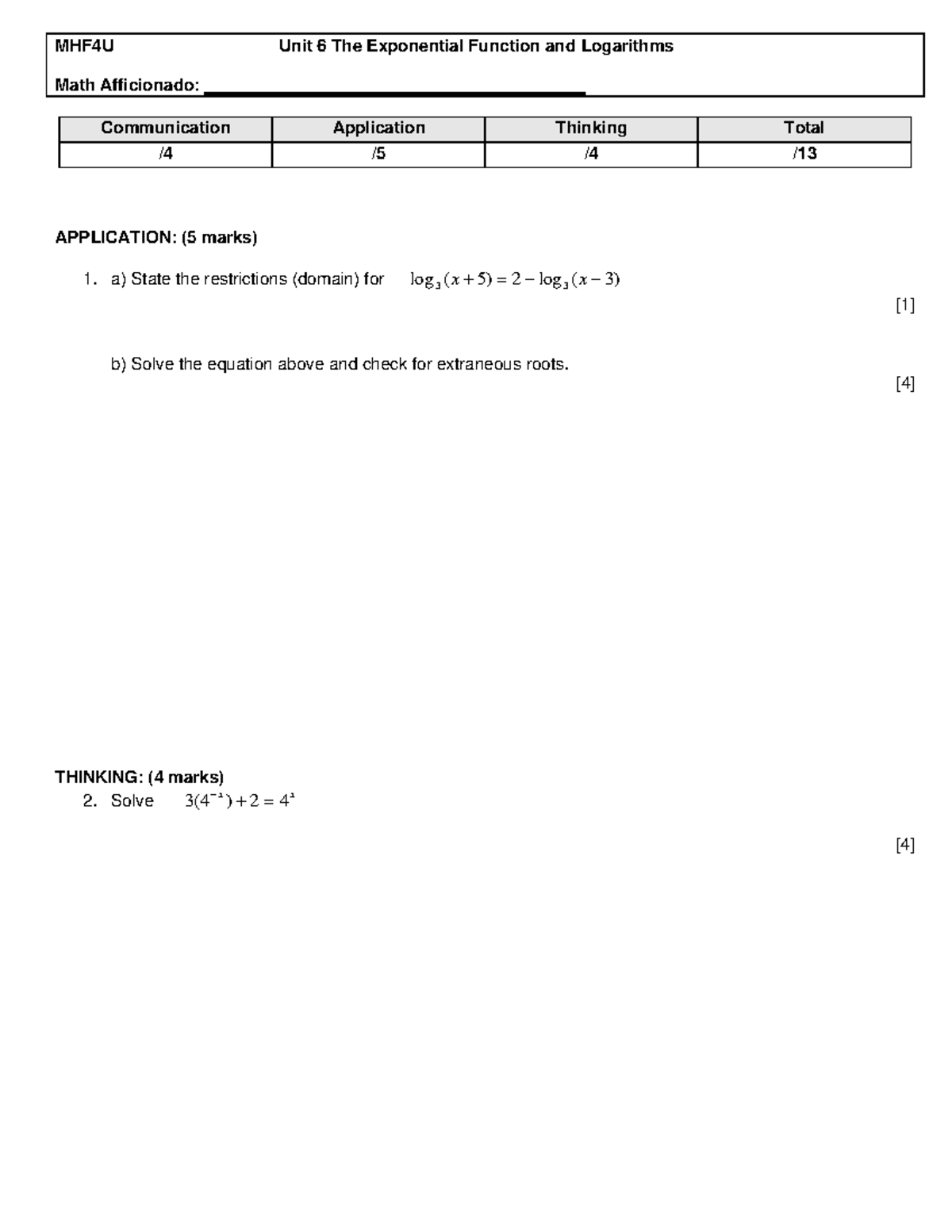 U6 CAT Test NS (MHF4U) - practise - MHF4U Unit 6 The Exponential ...
