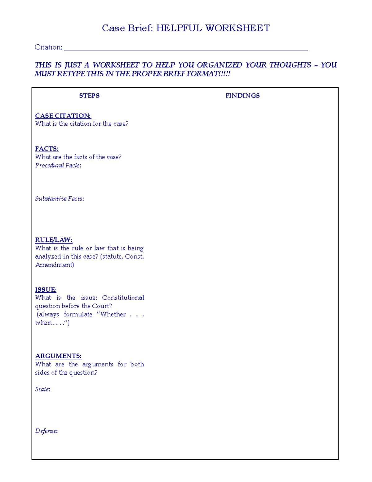 Case Brief Worksheet - This class was taught by professor Wicka, she ...