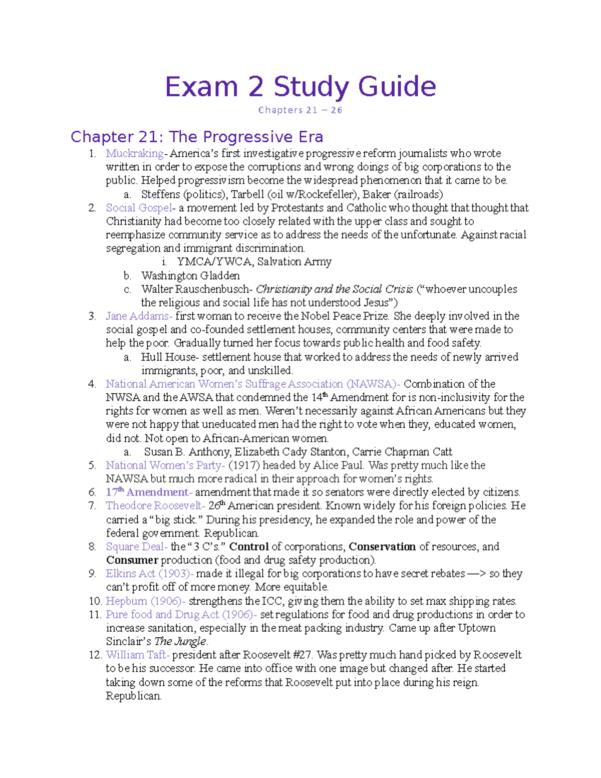 Exam 2 Study Guide - Notes on key terms from chapters 21-26 (The ...