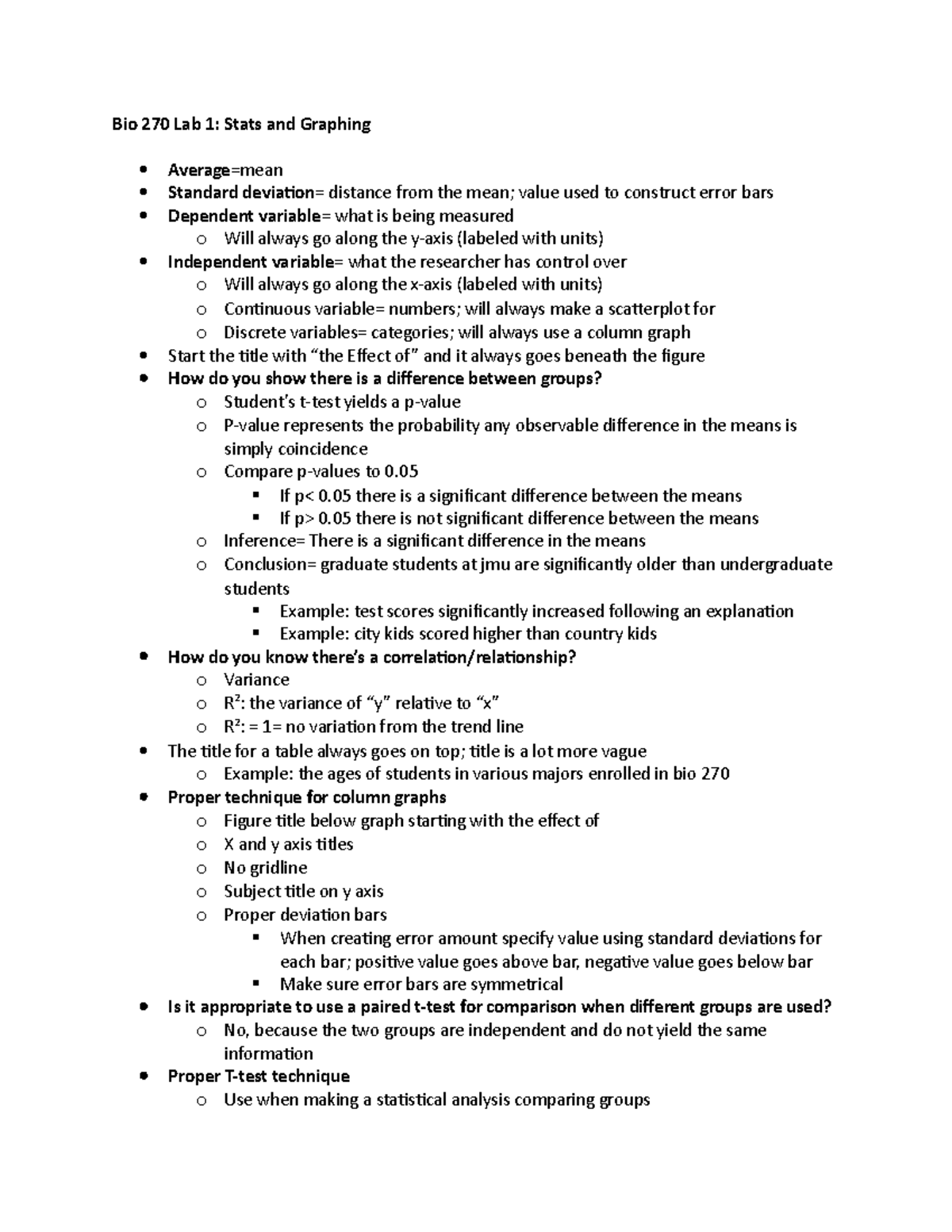 Bio 270 Stats and Graphing Lab notes - Bio 270 Lab 1: Stats and ...