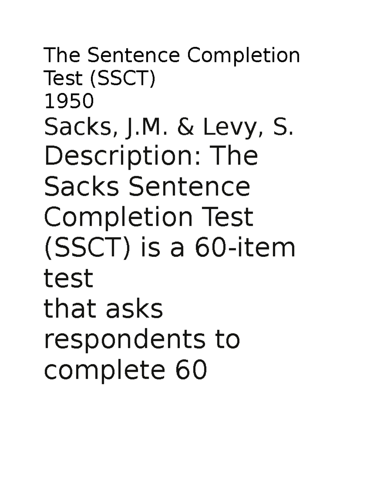 The Sentence Completion Test - The Sentence Completion Test (SSCT) 1950 ...