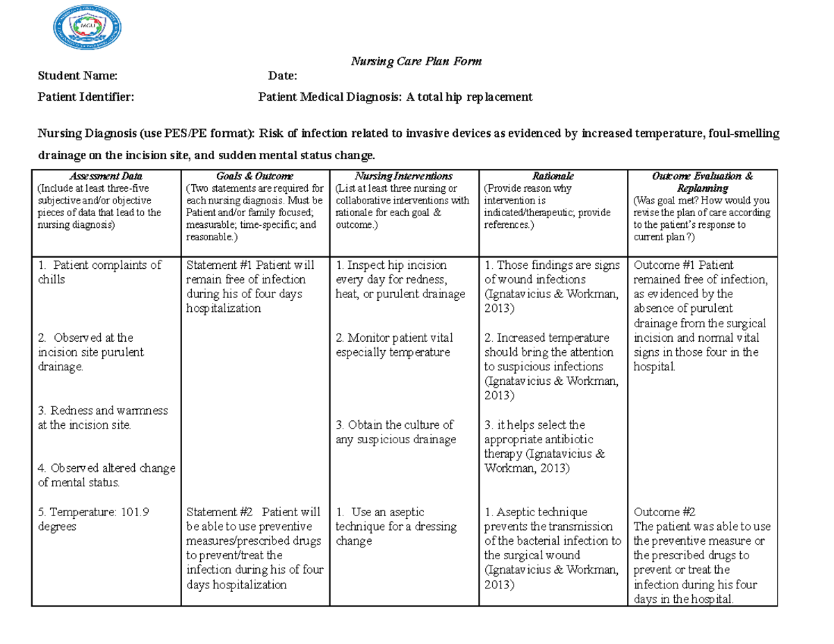 Sample care plan - CARE - Nursing Care Plan Form Student Name: Date ...
